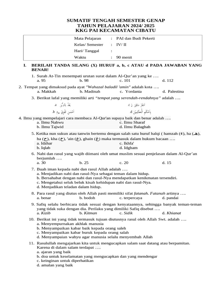 Soal Pts Pai Kurmer Kls 4 SMTR 2 | PDF