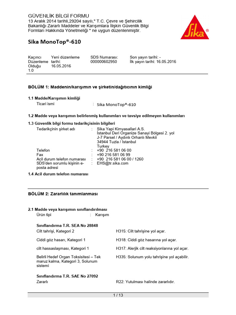 Sika MonoTop 610 MSDS TR | PDF