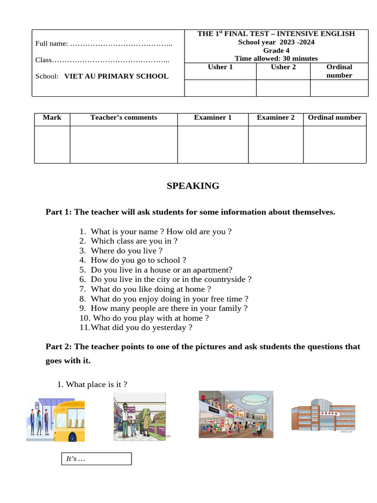 Grade 4 - Final Test 1 - Speaking | PDF