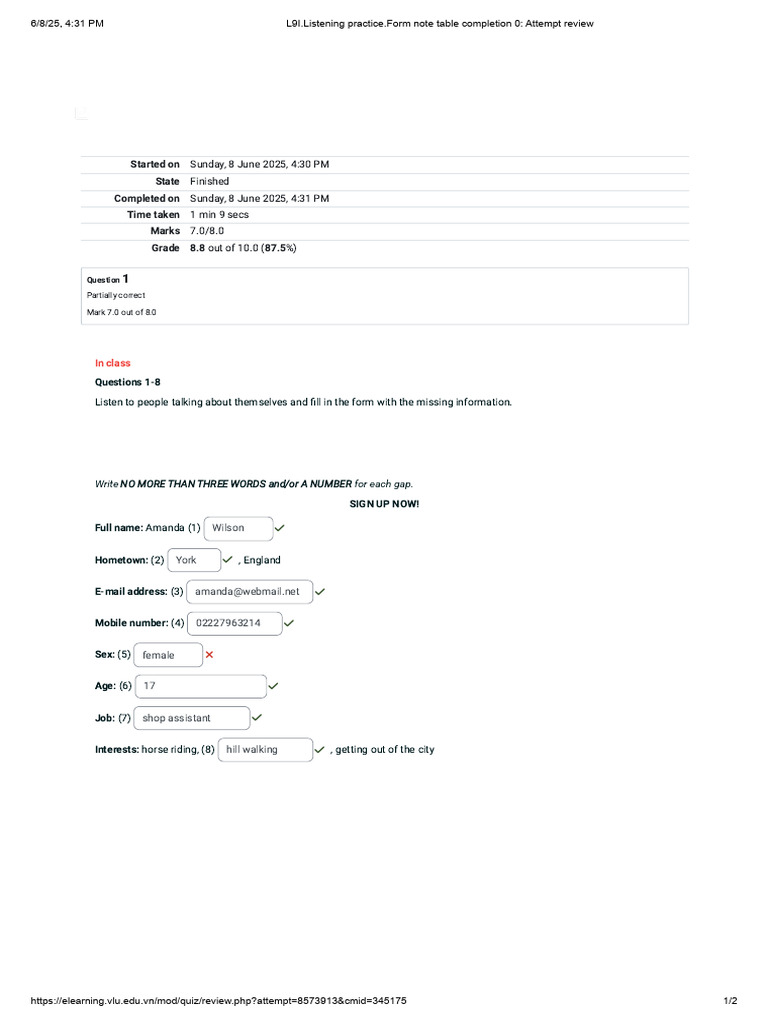L9I.listening Practice - Form Note Table Completion 0 - Attempt Review | PDF