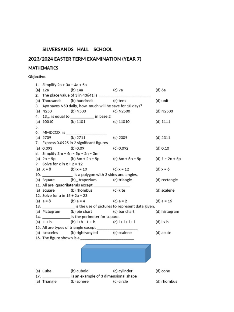 Silversands Hall School Year 7 3rd Term Exam. | PDF | Elementary ...