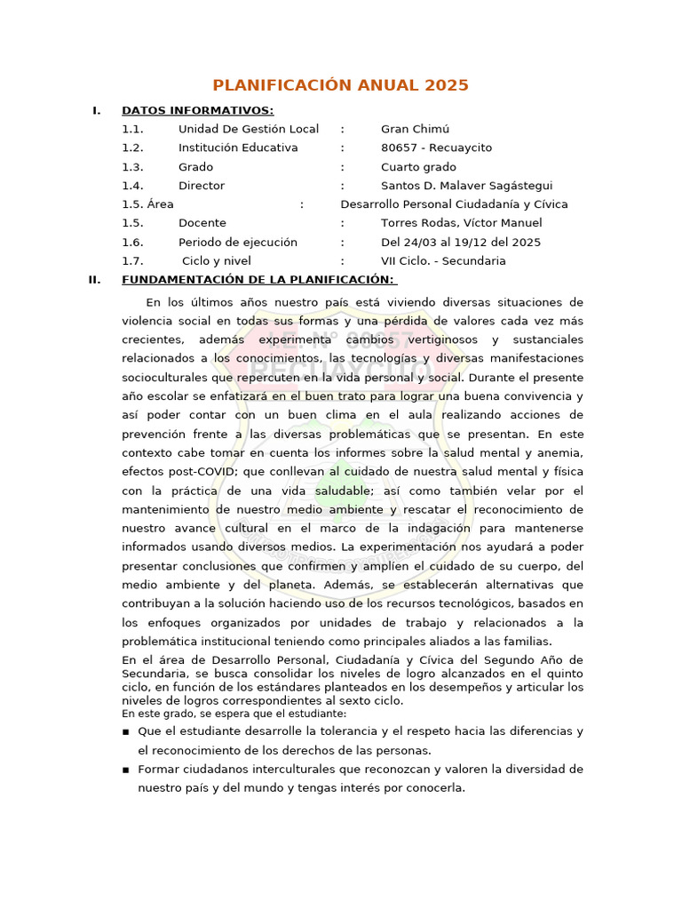 PLANIFICACION ANUAL 2025 5° - DPCC | PDF | Las emociones | Evaluación