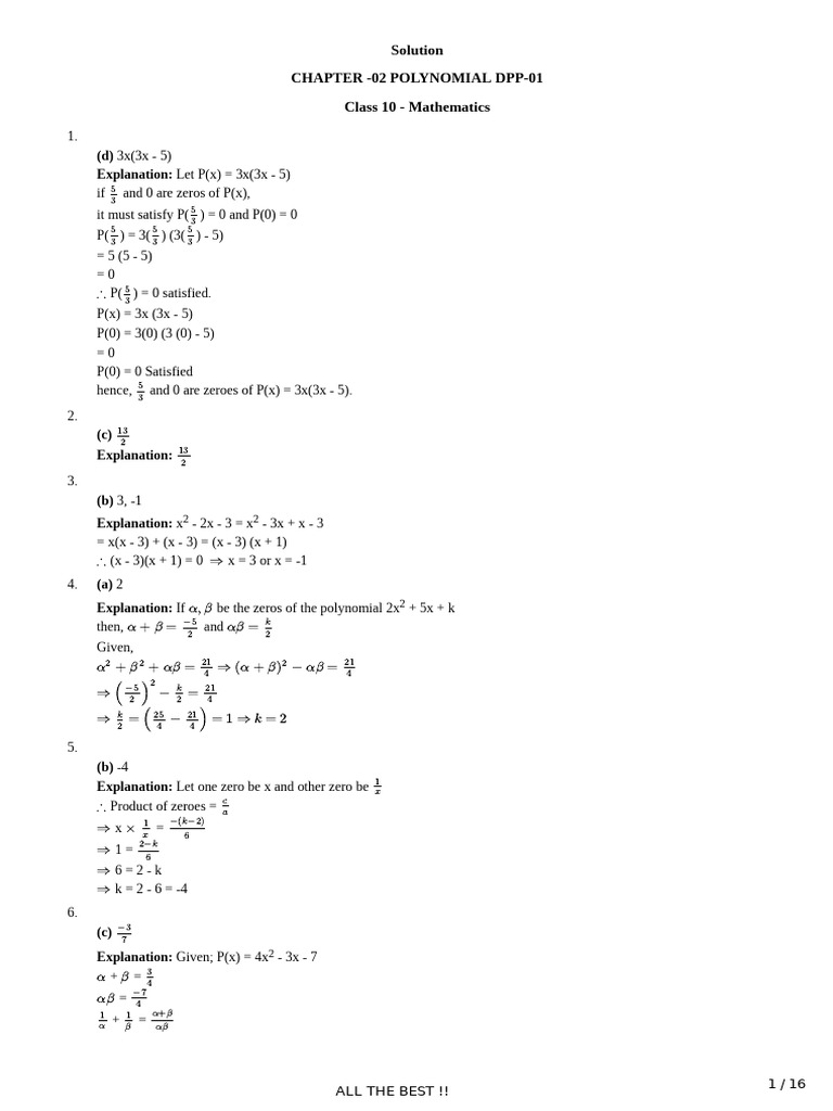Chap = 02 Polynomial DPP Both Solution-1369276 | PDF | Quadratic Equation | Zero Of A Function
