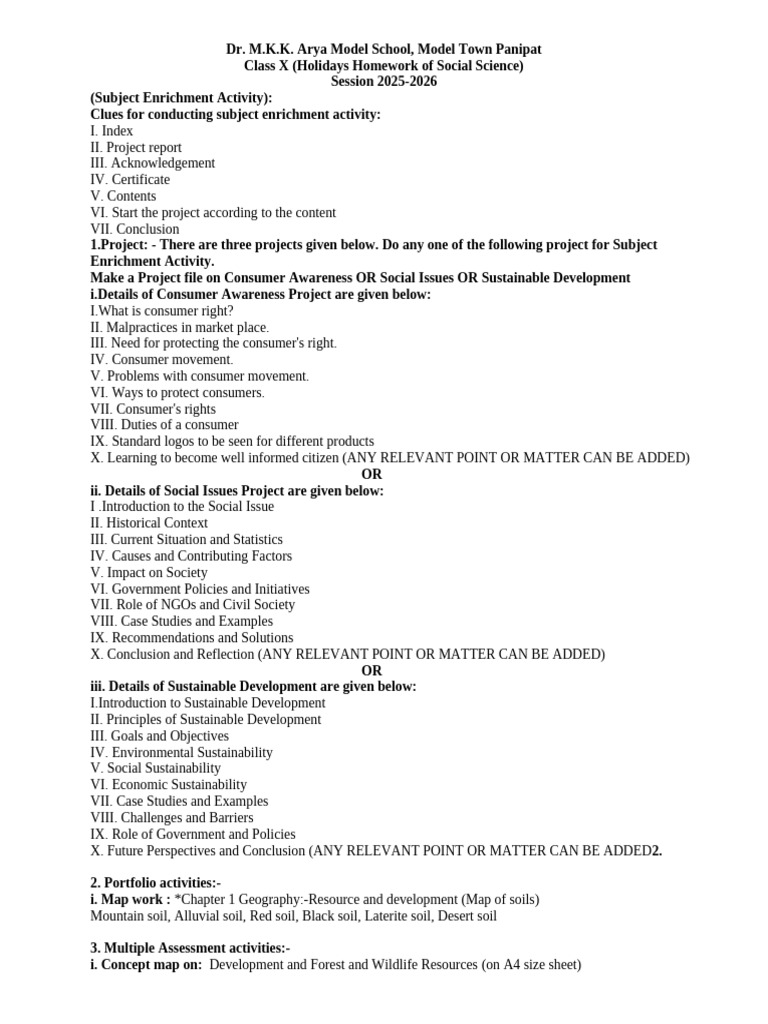 X Holiday Homework S.SC 2025-26 | PDF | Sustainability | Sustainable Development