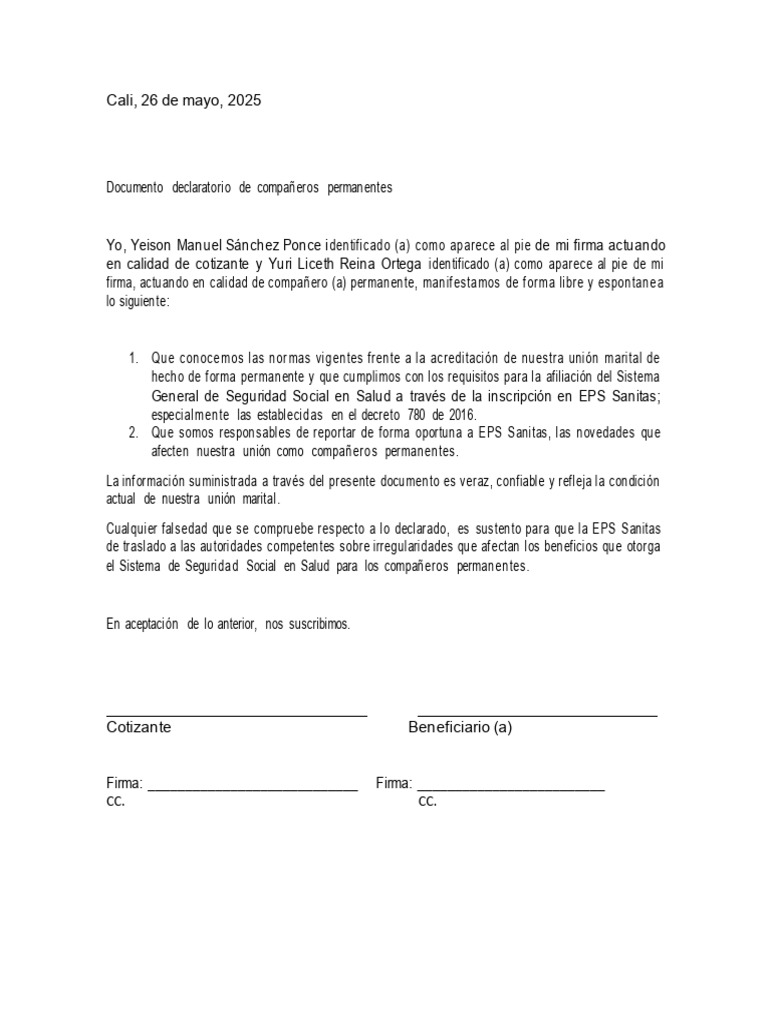 Declaracion Juramentada Sanitas Impre | PDF