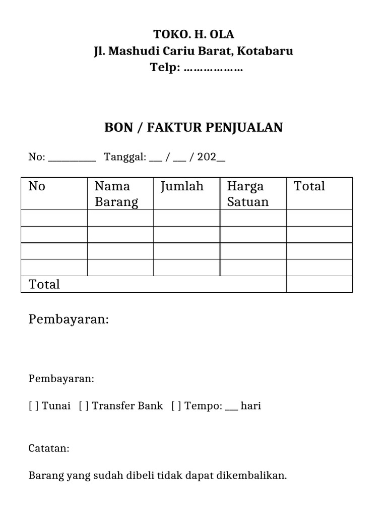 Bon Faktur Toko H Ola | PDF