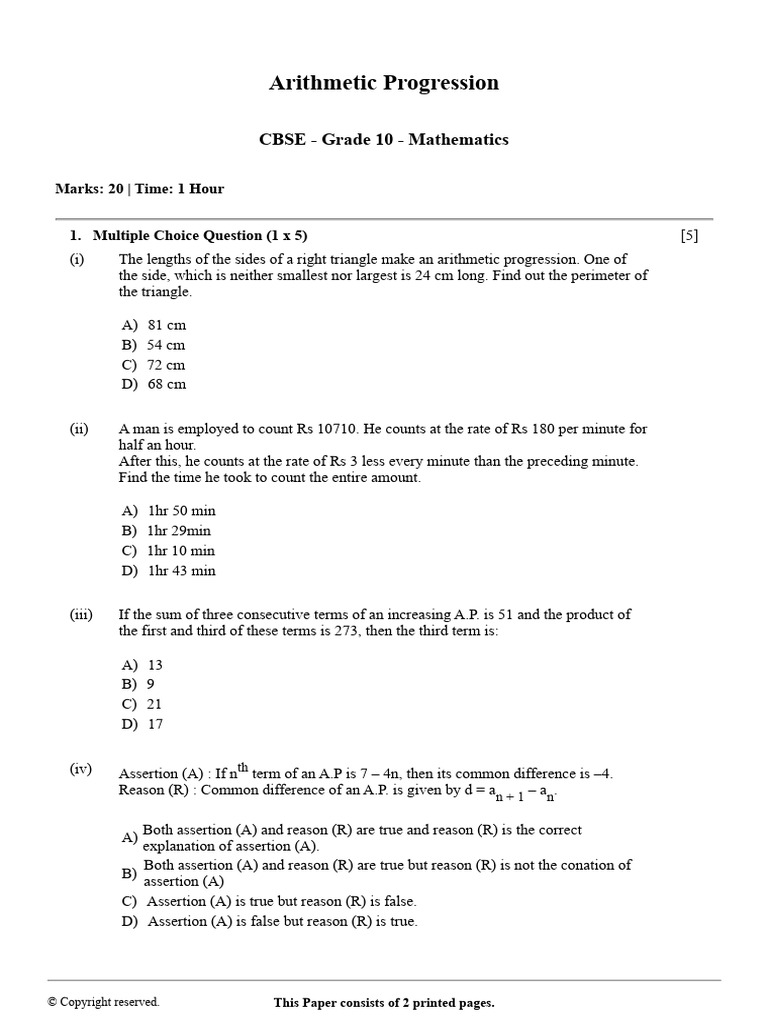 Class 10 Chapter 5 Arithmetic Progression Worksheet | PDF | Mathematics