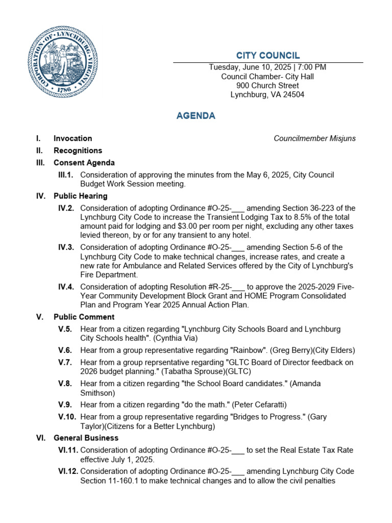 Lynchburg City Council Meeting Agenda | PDF | Taxes | Government Finances