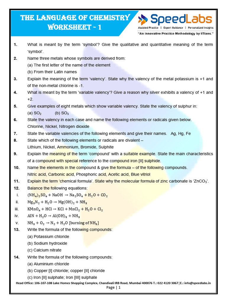 Language of Chemistry Worksheet | PDF | Valence (Chemistry) | Acid