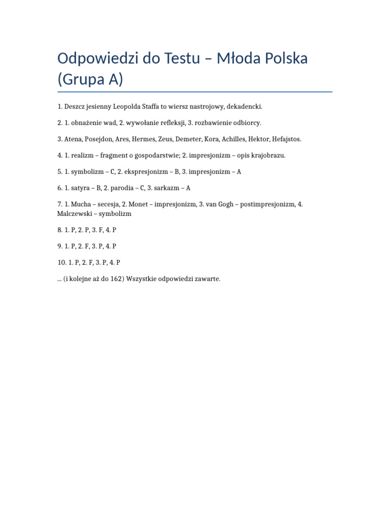 Odpowiedzi Mloda Polska GrupaA | PDF