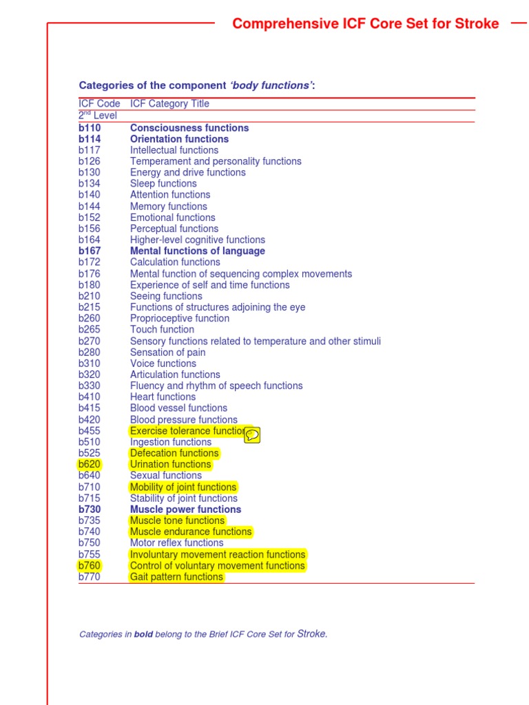 Comprehensive and Brief ICF Core Sets Stroke1 | PDF | Perception ...