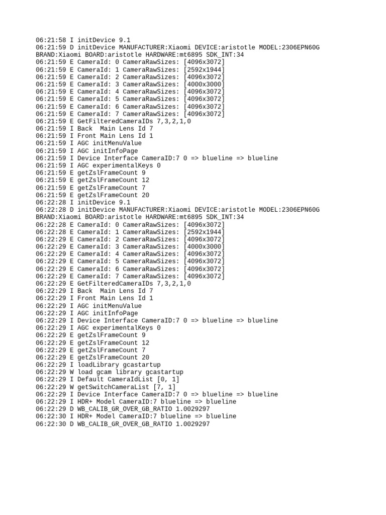 Xiaomi Aristotle Camera Initialization Logs | PDF