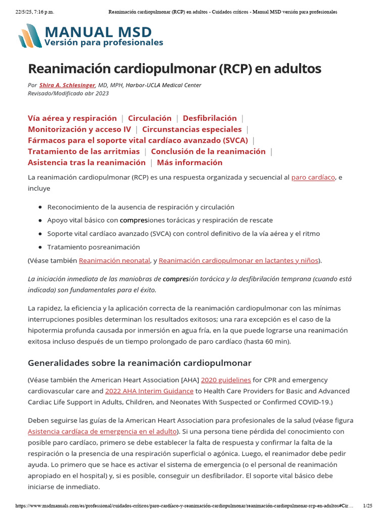 Reanimación Cardiopulmonar (RCP) en Adultos - Cuidados Críticos - Manual MSD Versión para ...