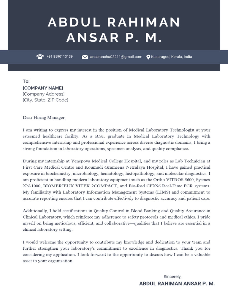 Abdul Rahiman Ansar P. M. - Cover Letter | PDF