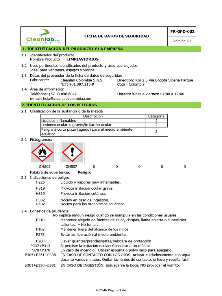 Fds Limpiavidrios | PDF | Agua | Etanol