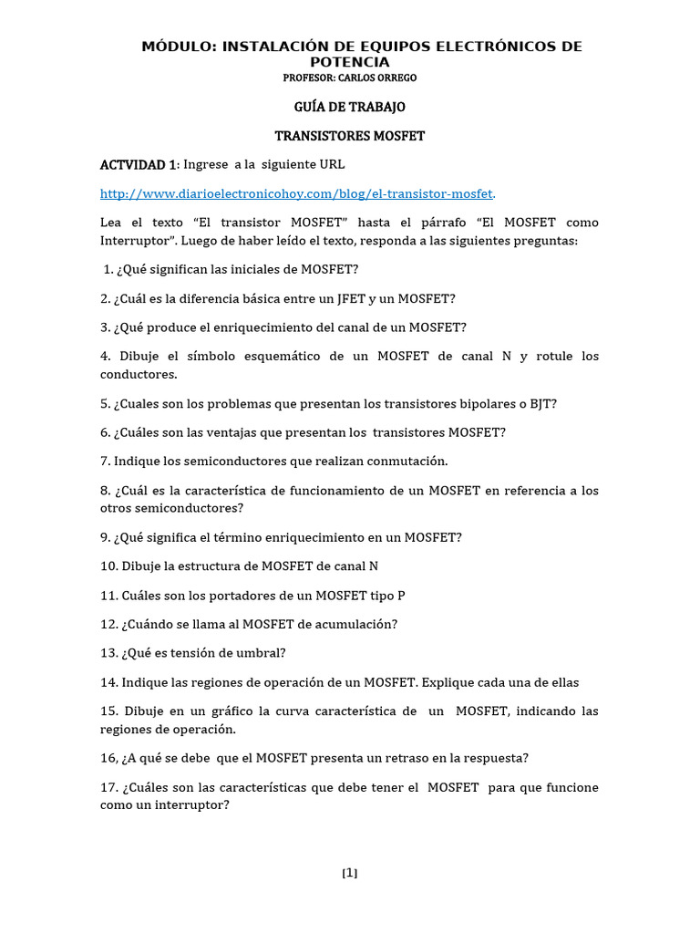 Guía de Trabajo - Transitor MOSFET | PDF | Mosfet | Transistor