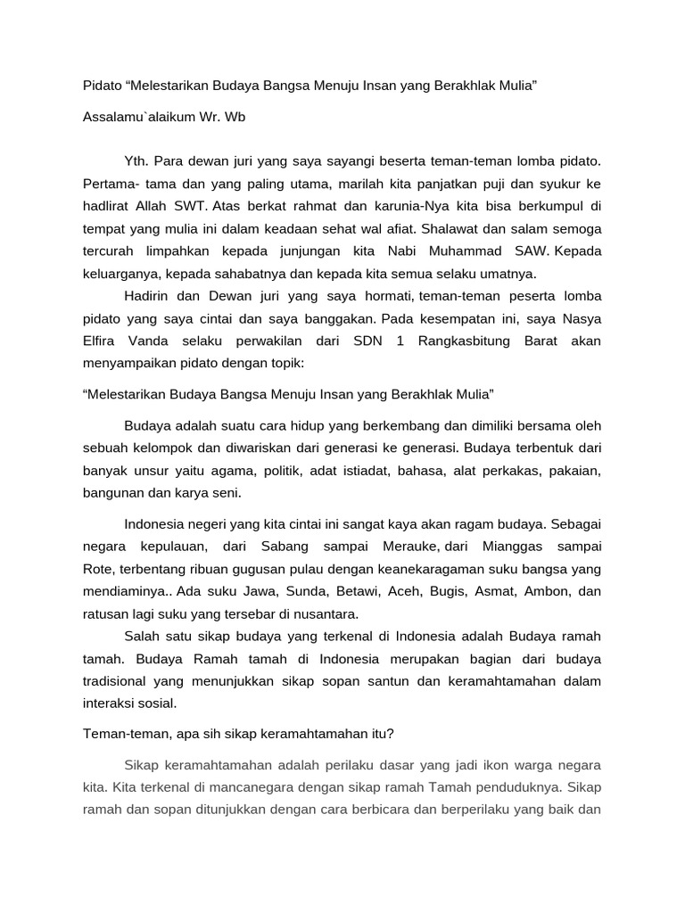Pidato Budaya 2024 Akhlak Mulia - Edit | PDF
