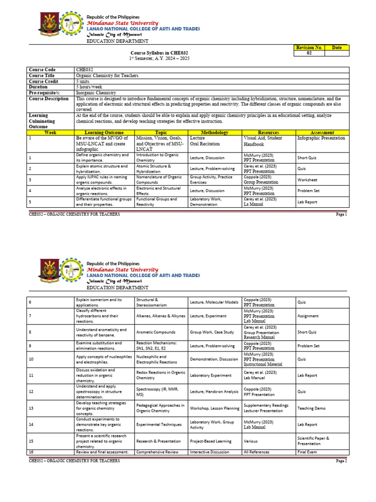 Syllabus in CHE 032 - Organic Chemistry | PDF | Chemical Reactions | Organic Chemistry
