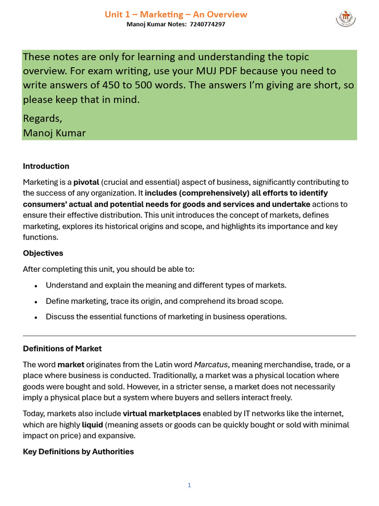 Unit 1 - Marketing - An Overview | PDF | Market (Economics) | Marketing