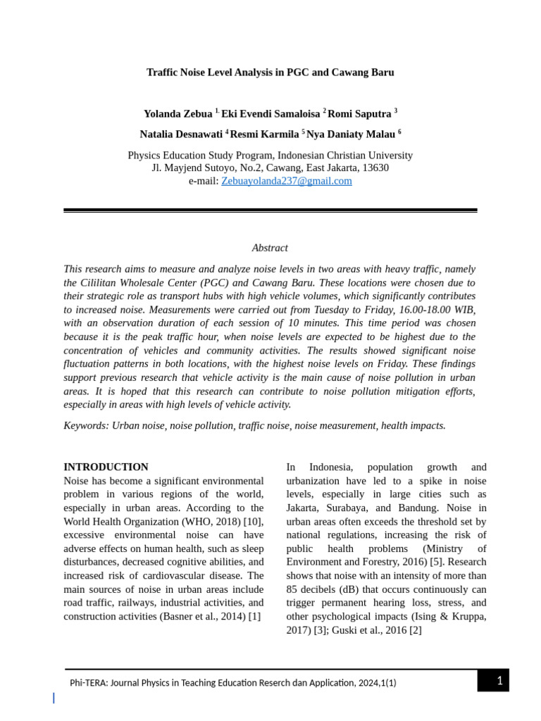 Traffic Noise Level Analysis in PGC and Cawang Baru | PDF | Noise | Decibel