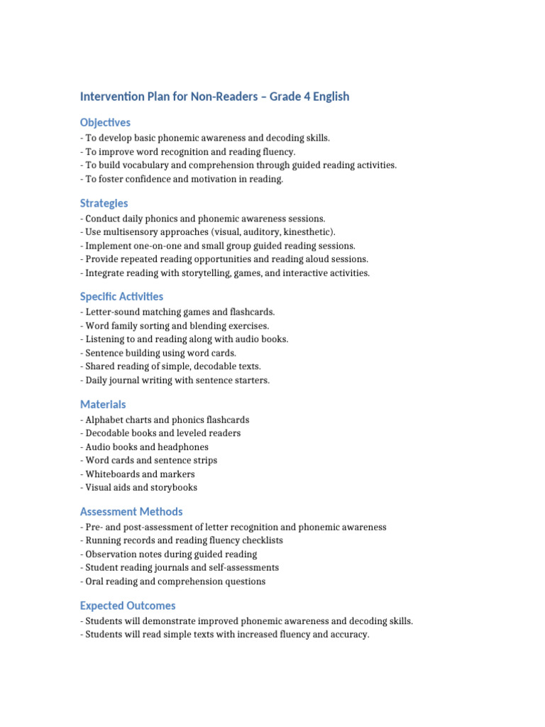 Grade 4 Reading Intervention Plan | PDF