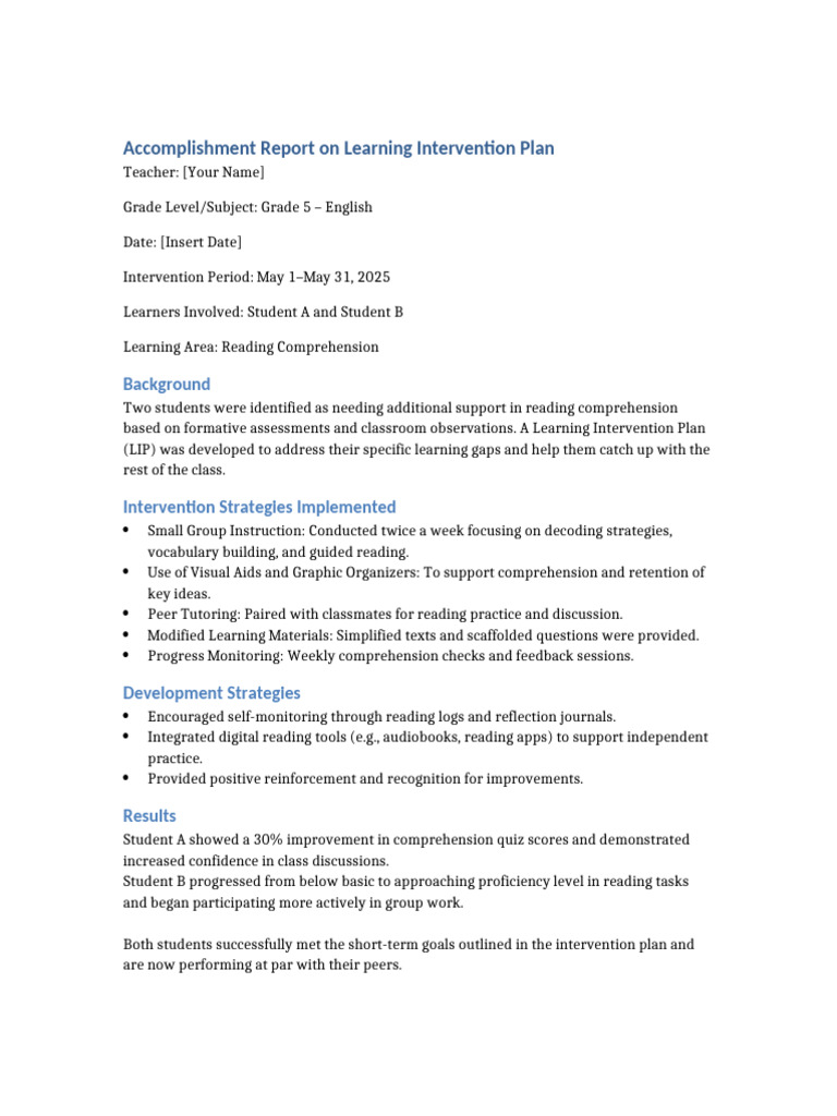 Grade 5 Reading Intervention Report | PDF