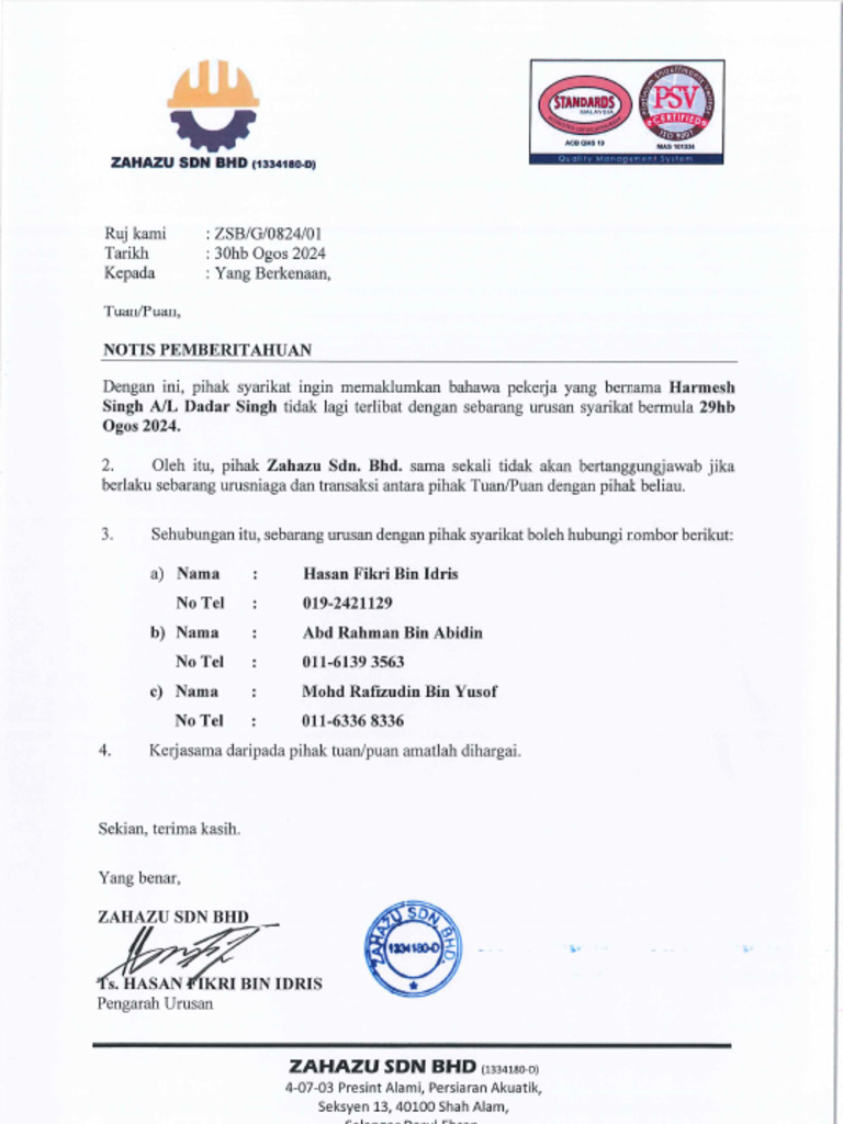 Memo Zahazu Kepada Pembekal - Harmesh Singh | PDF