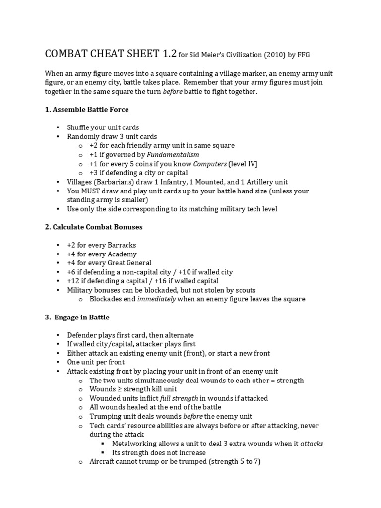 Civilization Combat Cheat Sheet 1.2 | PDF