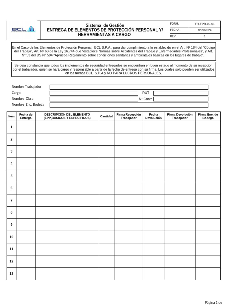 FR-FPR-02-01 Entrega Elementos de Protección Personal RV 1 | PDF