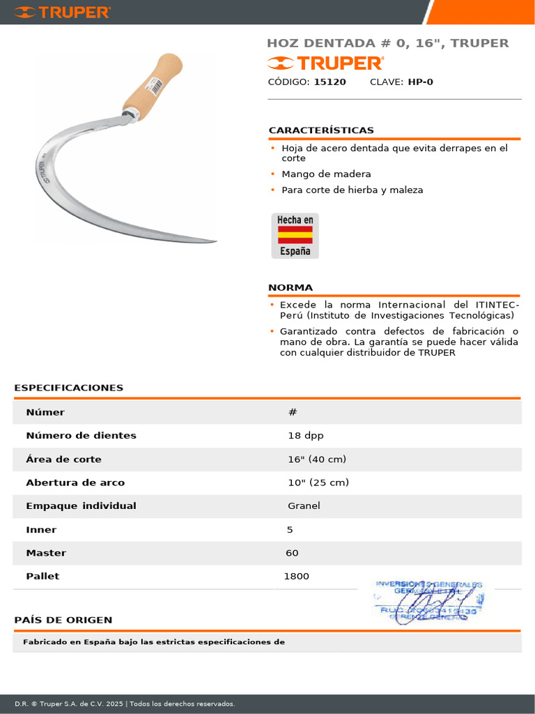 Hoz Dentada # 0, 16", Truper: Código: Clave | PDF