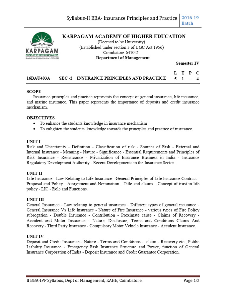 Karpagam Academy of Higher Education: Syllabus-II BBA-Insurance ...