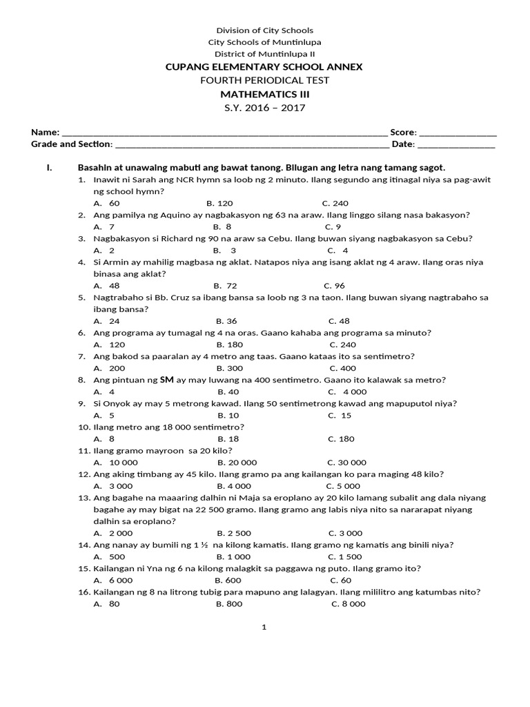 4th Periodical Test in Math 3 Erma | PDF