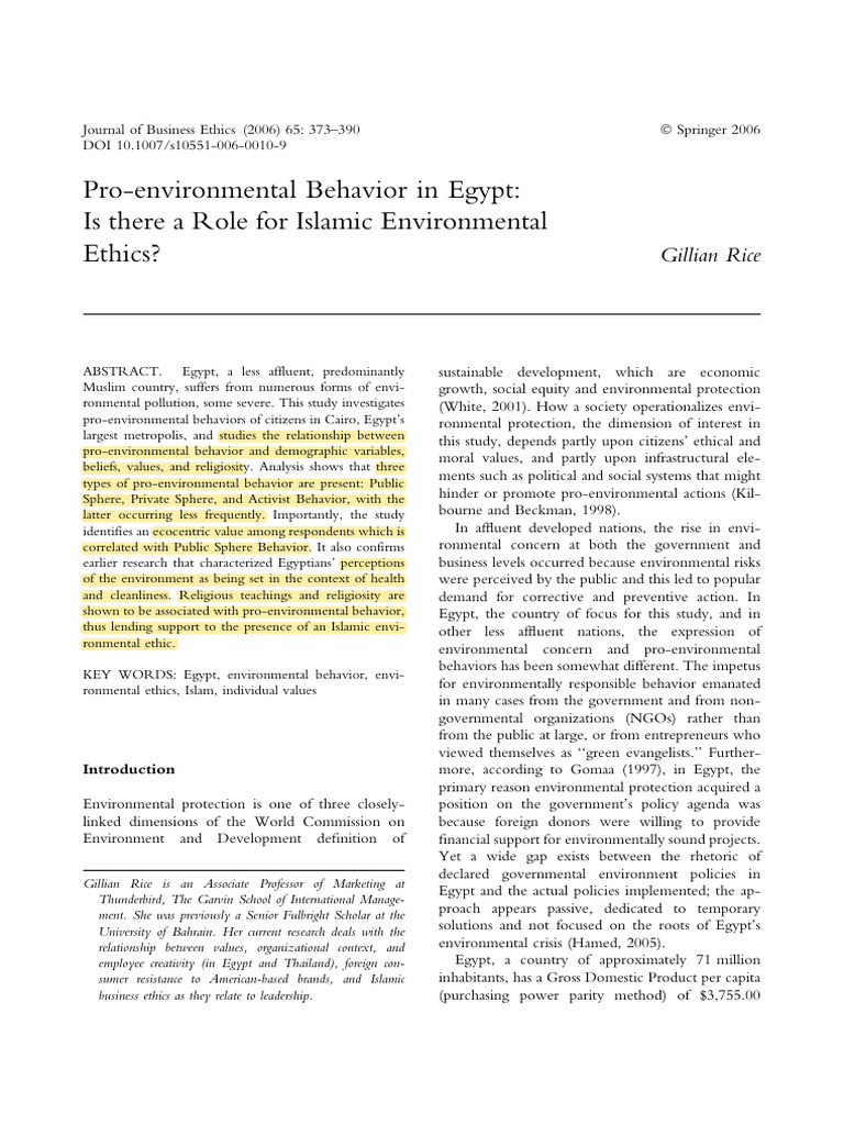 Rice, Gillian. 2006. Pro-Environmental Behavior Role Islamic Envethics ...