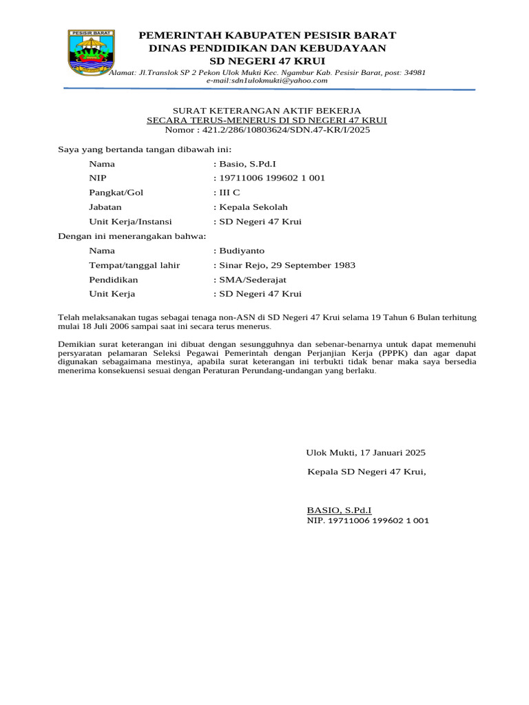 Contoh Format Surat Keterangan Aktif Bekerja Budi Yanto | PDF