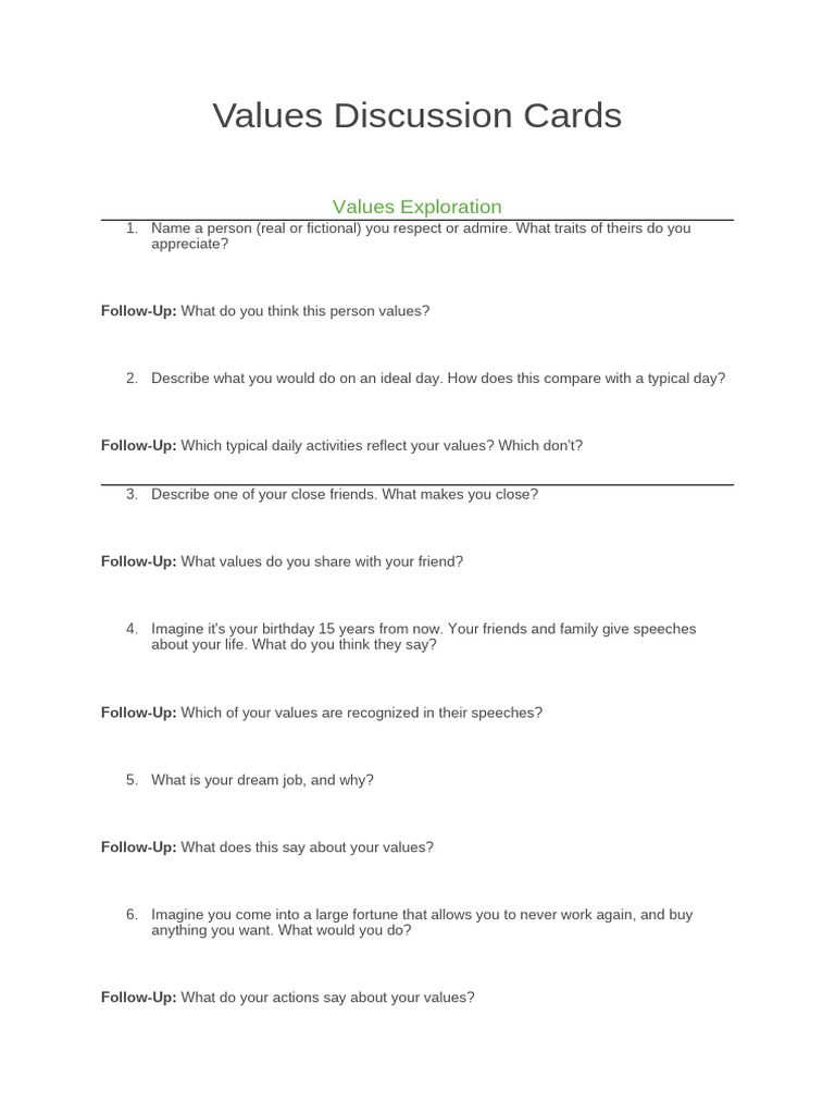 Values Exploration Discussion Cards | PDF