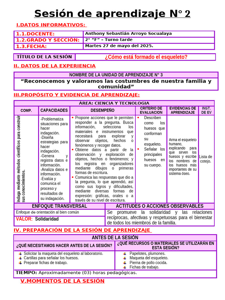 2do - U3 - SESIÒN 1 - CyT - COMO ESTA FORMADO EL ESQUELETO | PDF | Aprendizaje | Hueso
