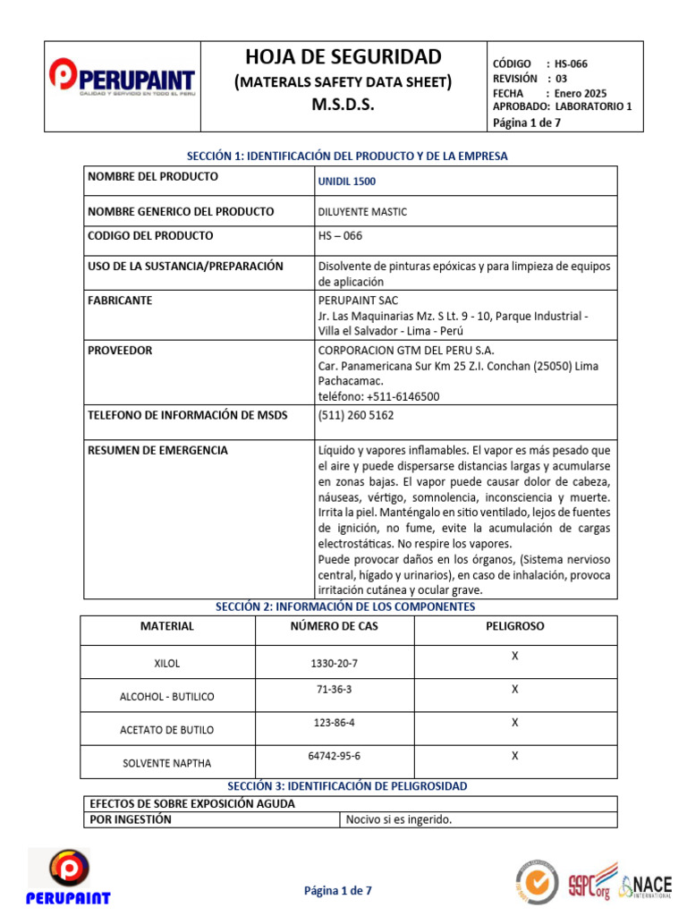 Hoja de Seguridad del Diluyente Unidil 1500 | PDF | Agua