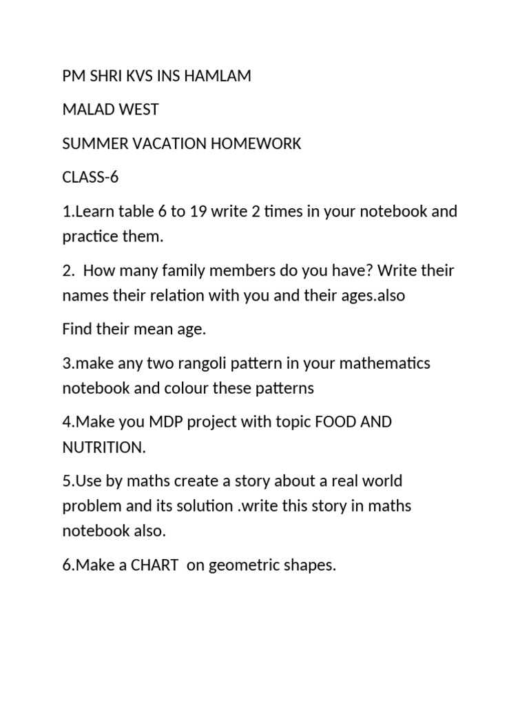 Summer Vaction Work Class 6 | PDF