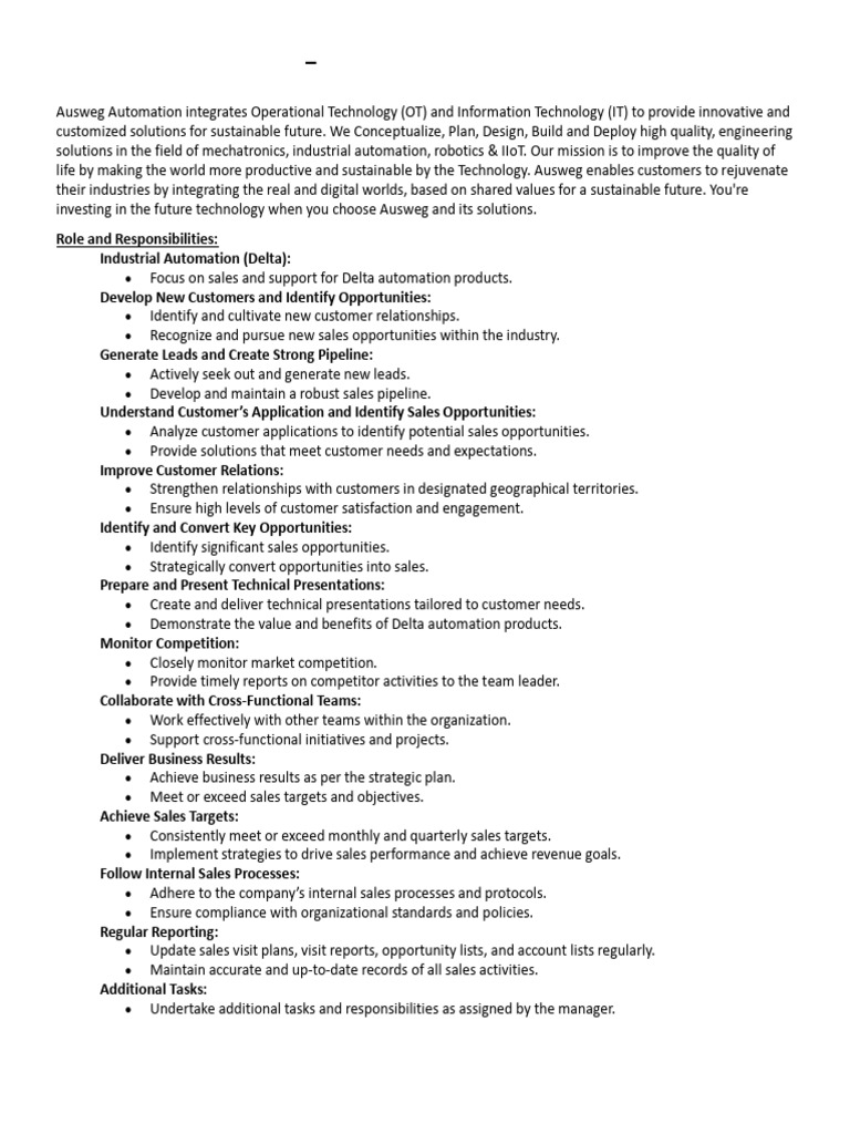 JD - Automation Sales Engineer | PDF | Automation | Sales