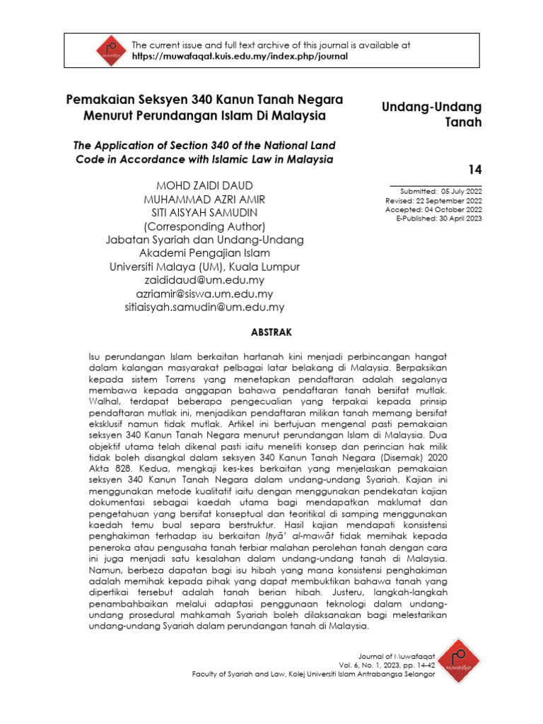 Pemakaian Seksyen 340 Kanun Tanah Negara Menurut Perundangan Islam Di Malaysia | PDF