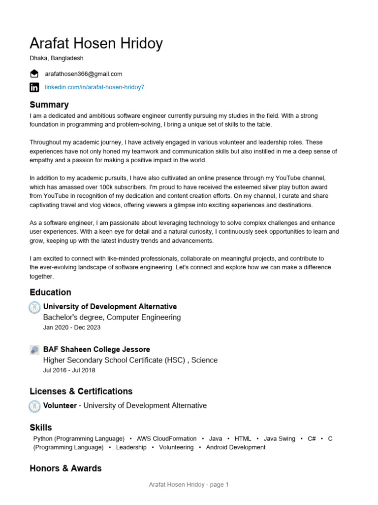 Resume Arafat Hosen Hridoy | PDF