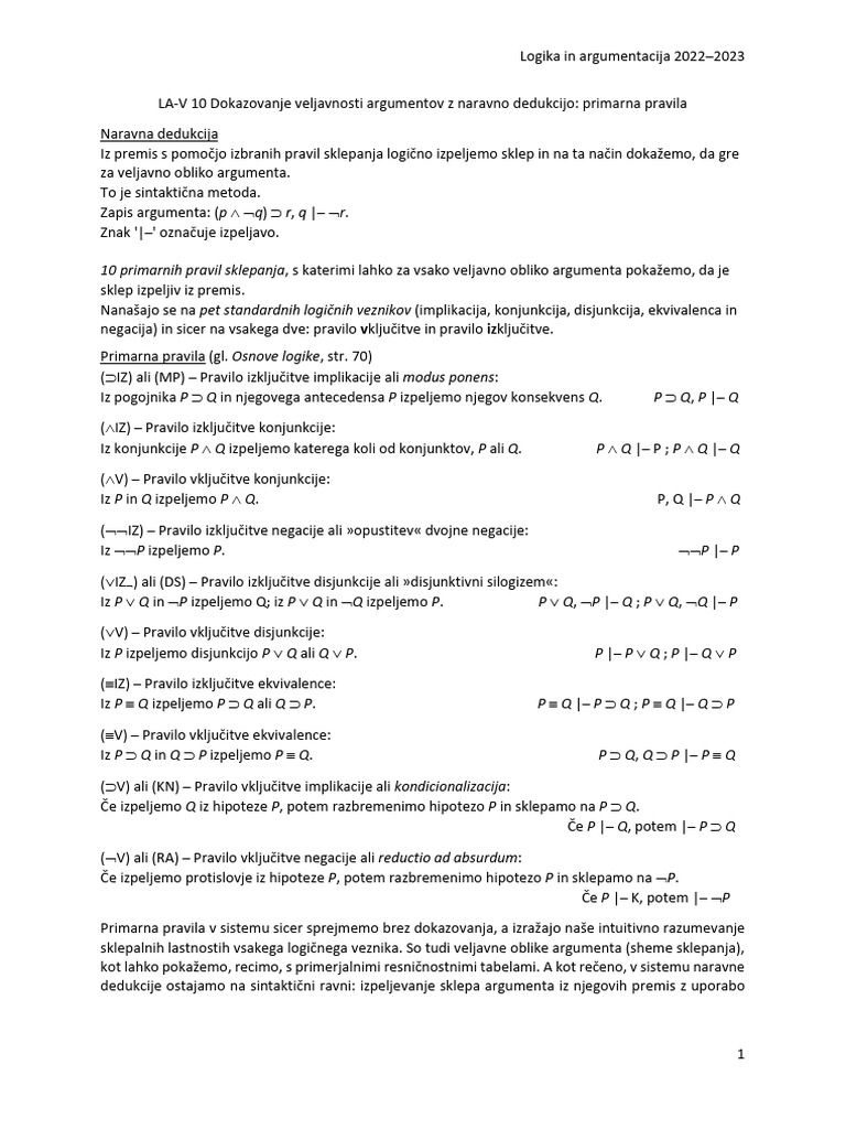 10 Naravna Dedukcija - Primarna Pravila | PDF