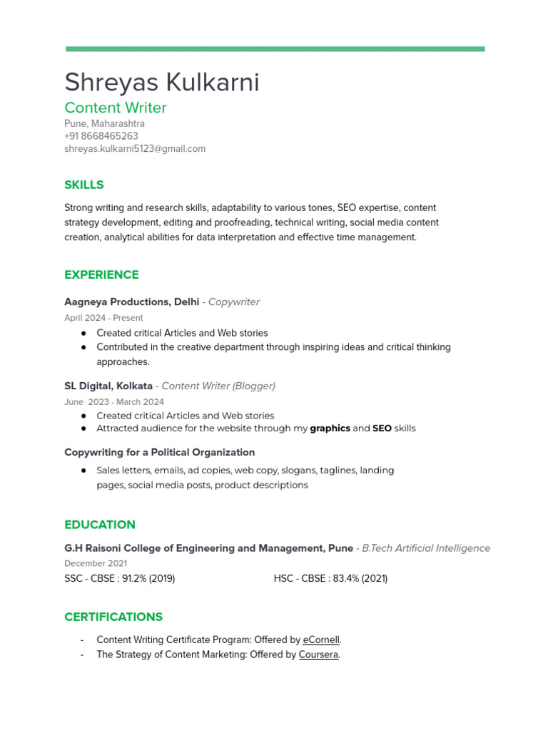 Content Writer Resume - Shreyas Kulkarni | PDF