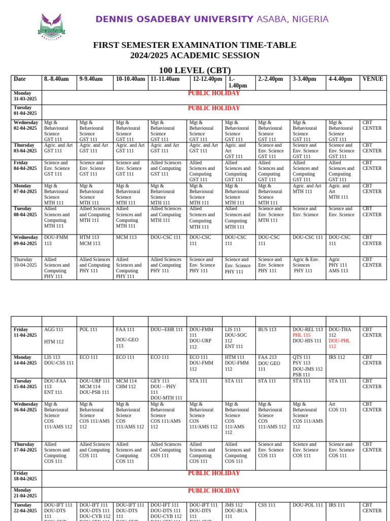 100 Level First Semester Examination Timetable 2024 2025 Academic Session 4 | PDF | Public ...