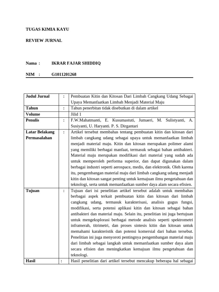 REVIEW JURNAL KIMIA KAYU_IKRAR FAJAR SHIDDIQ_G1011201268 | PDF