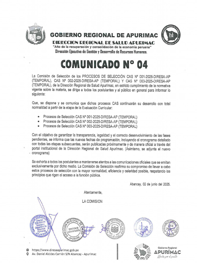 Comunicado #04 Continuidad Del Proceso CAS | PDF