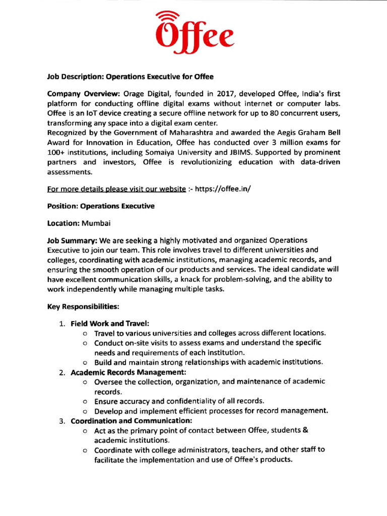 JD - Operations Executive - Offee (Orage Digital Pvt. LTD.) | PDF | Business