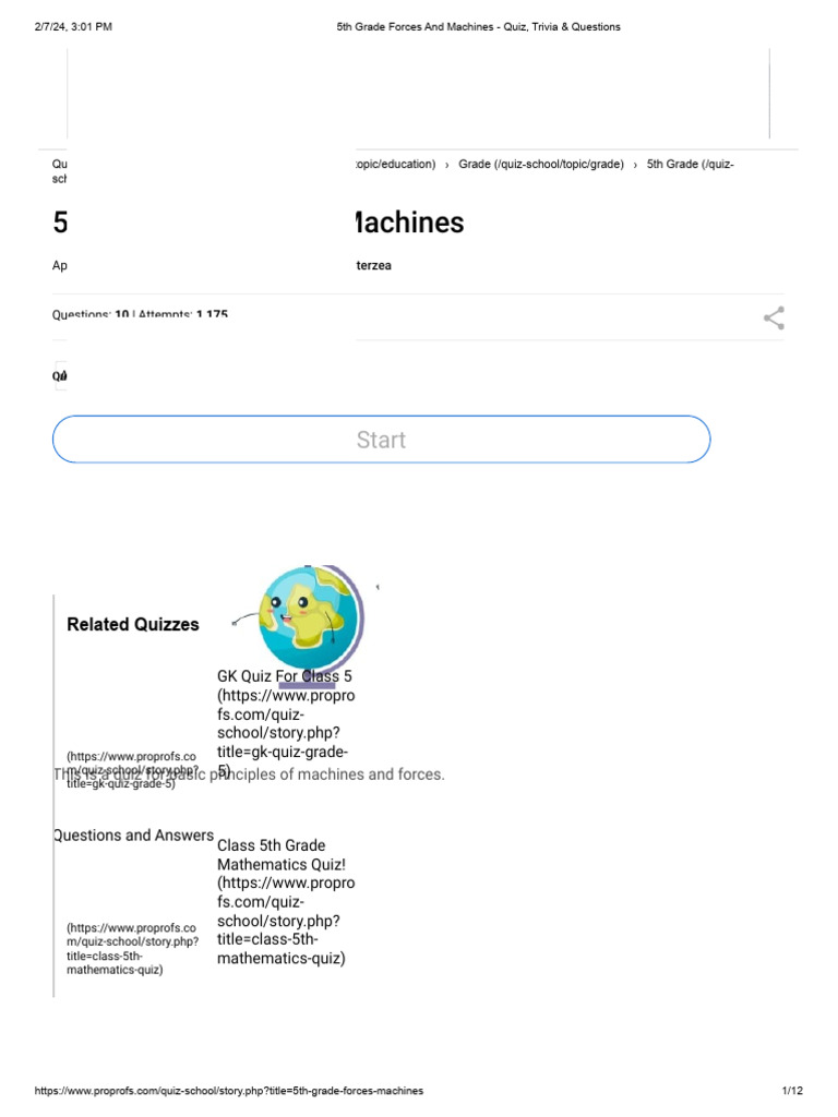 5th Grade Forces and Machines Quiz | PDF | Machines | Lever
