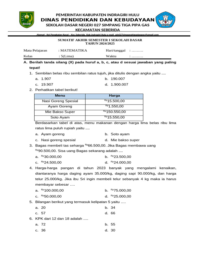 Soal Asas Ganjil Matematika Kelas 5 | PDF