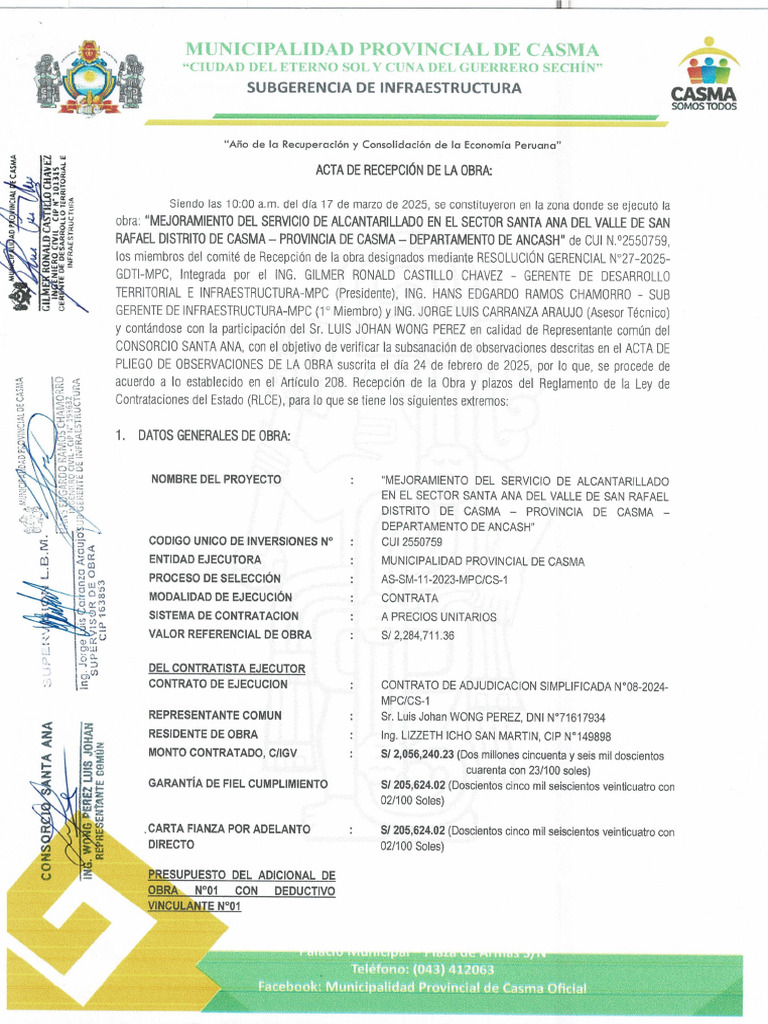 acta de recepcion de obra casma | PDF